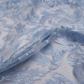 Tecido renda tule bordado arabesco paetê azul bebê - Maximus Tecido